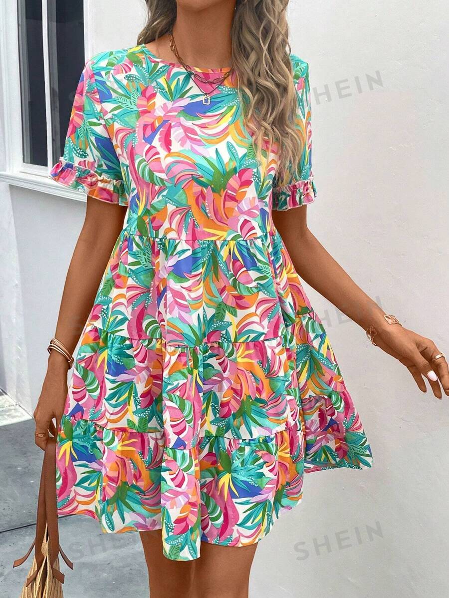 SHEIN LUNE Allover Print Ruffle Hem Smock Dress | SHEIN USA