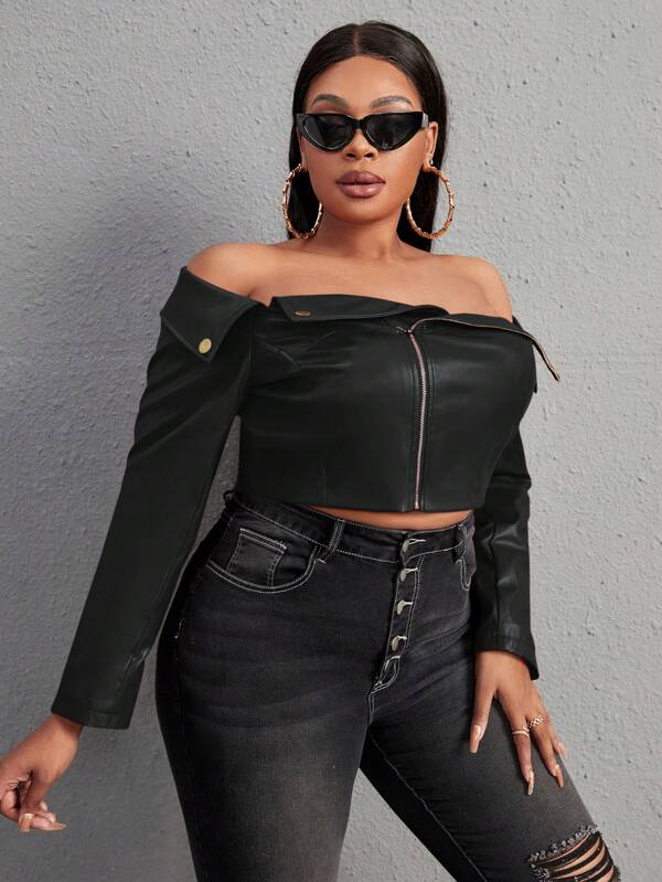 SHEIN Slayr Plus Off Shoulder Zip Up PU Leather Crop Jacket | SHEIN USA