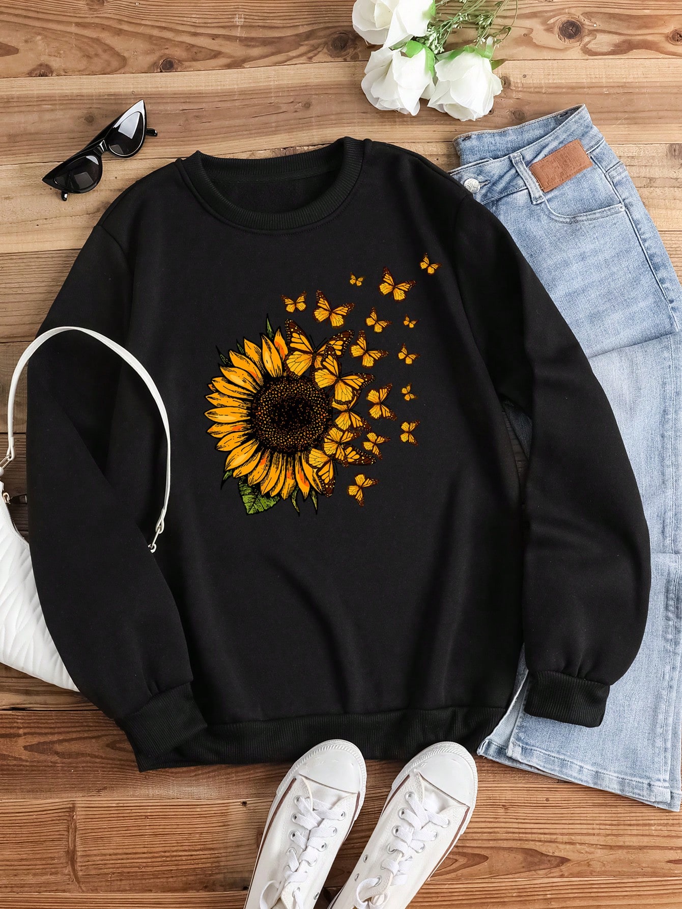 SHEIN LUNE Sunflower And Butterfly Print Thermal Lined Sweatshirt ...