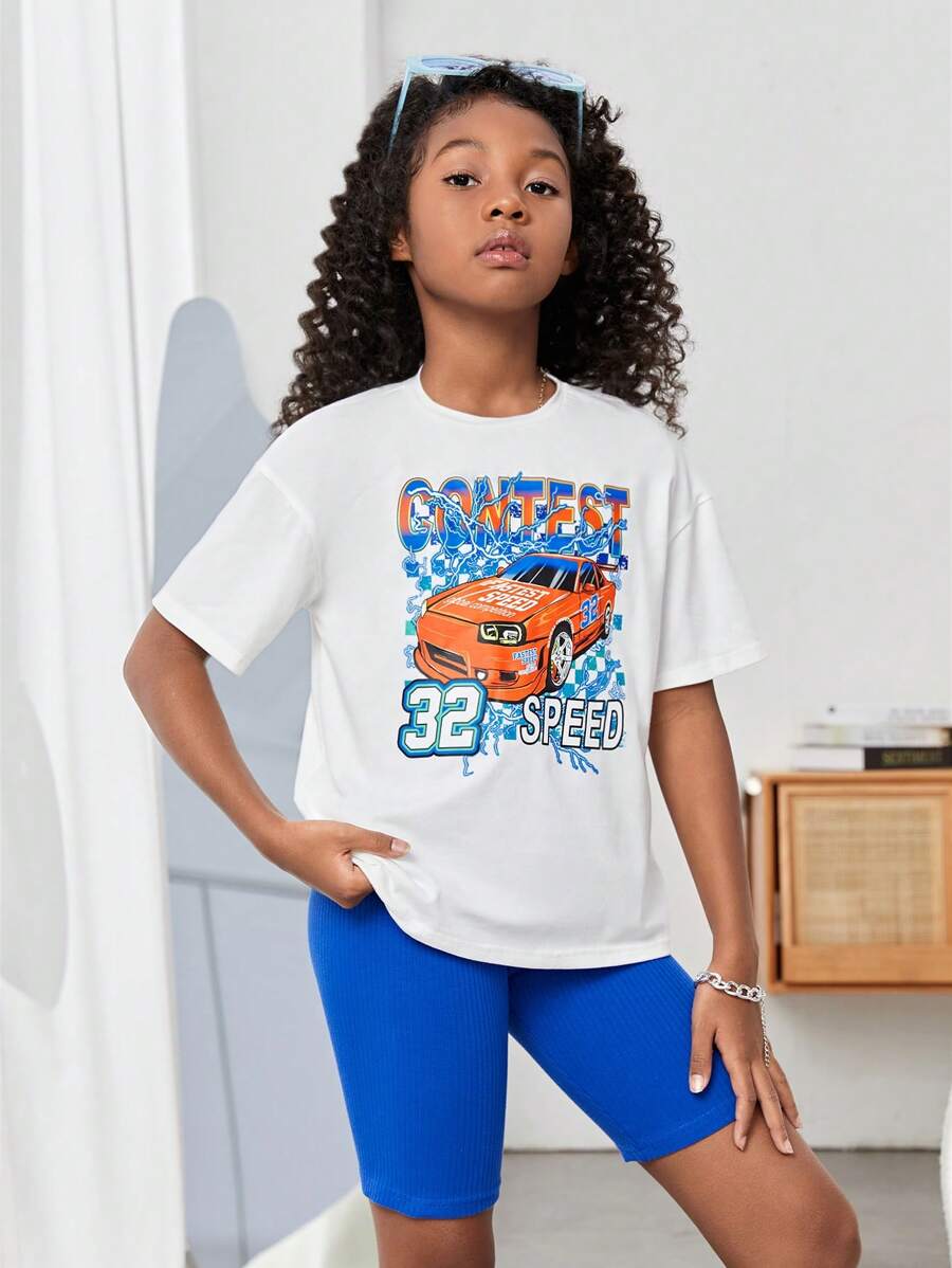SHEIN Tween Girl Car & Letter Graphic Drop Shoulder Tee & Biker Shorts ...