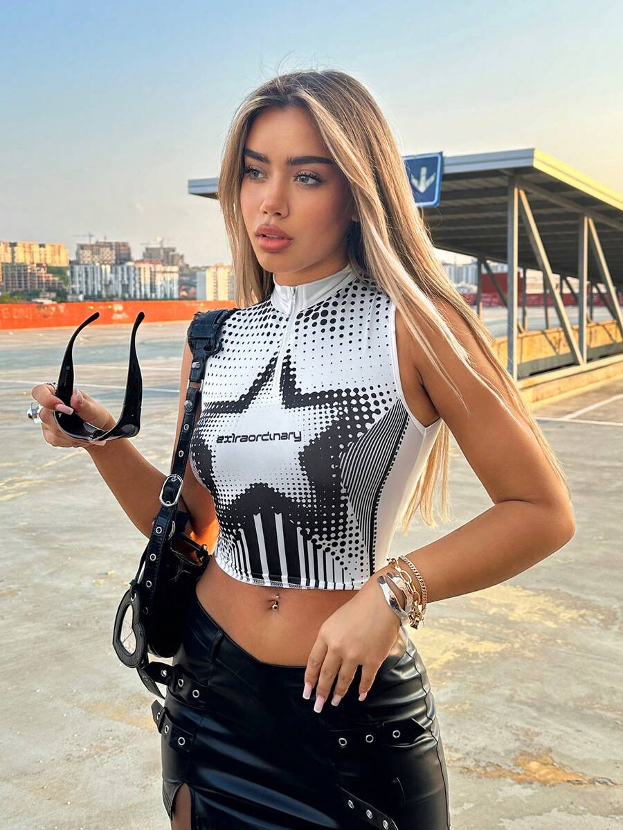 Shein X Doris Jocelyn Shein Icon Bikercore Letter And Polka Dot Print