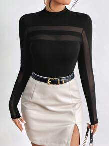 SHEIN Privé Contrast Mesh Mock Neck Bodysuit | SHEIN USA
