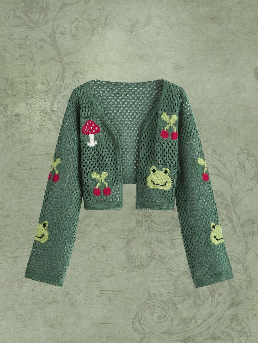 ROMWE Fairycore Frog & Mushroom Pattern Open Knit Cardigan | SHEIN USA