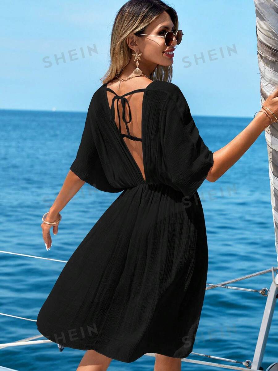 SHEIN Swim Summer Beach Solid Batwing Sleeve Plunging Neck Tie Backless ...