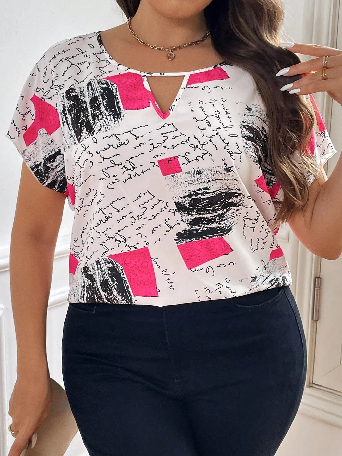 Shein Lune Plus Allover Print Keyhole Neckline Batwing Sleeve Blouse