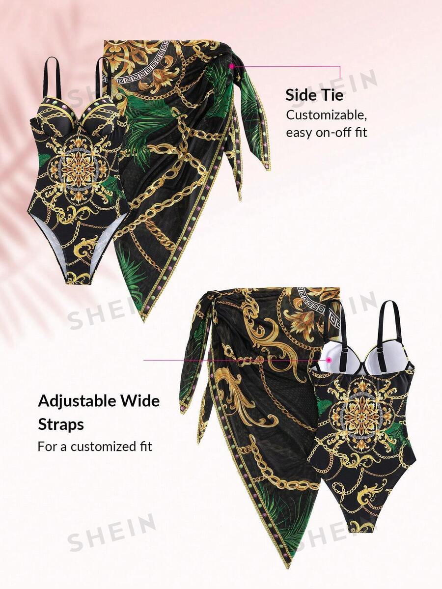 SHEIN DD+ Chain Print Push Up One Piece Swimsuit With Beach Skirt ...