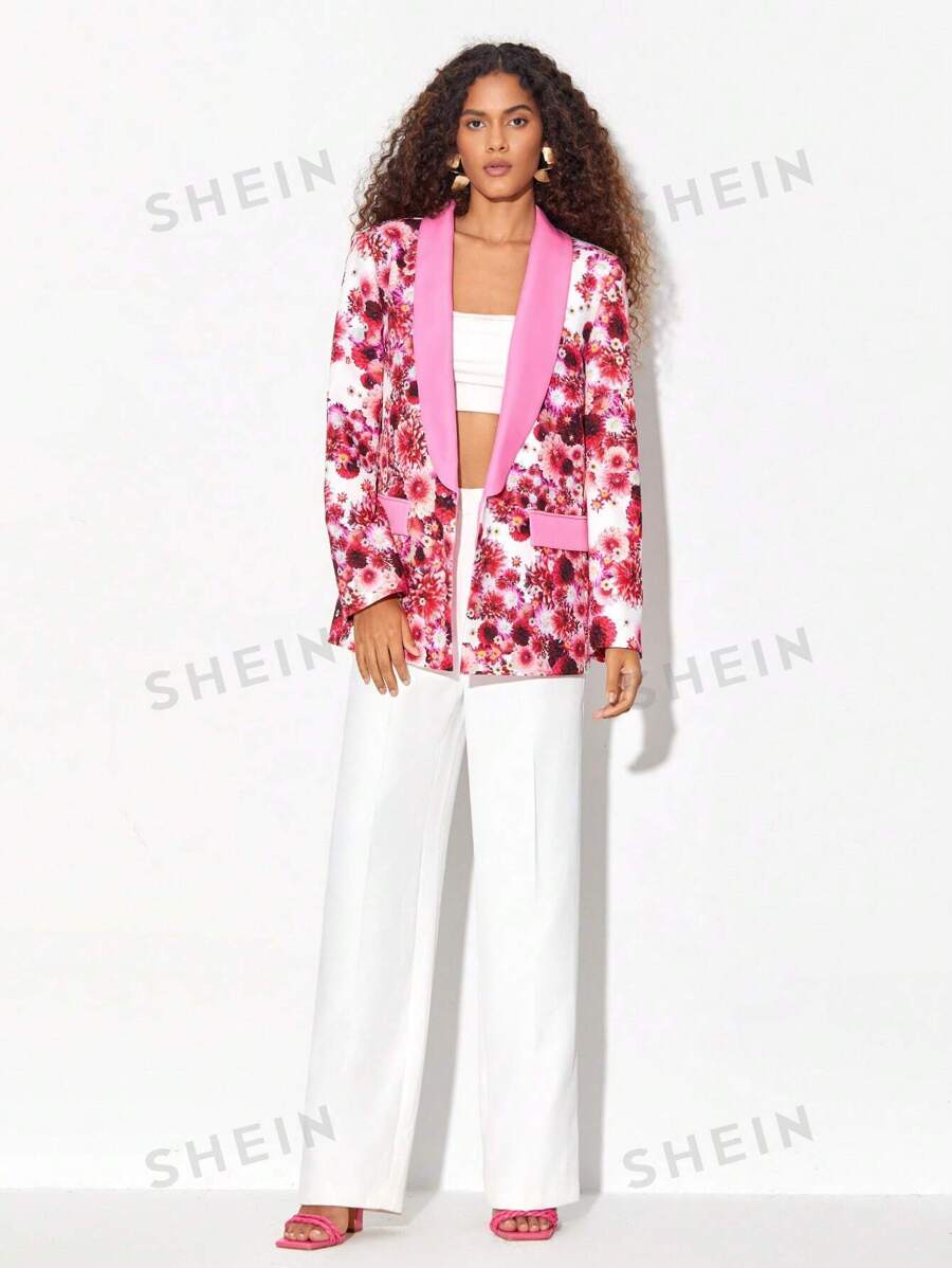 RAGLESS Floral Print Shawl Collar Open Front Blazer | SHEIN UK