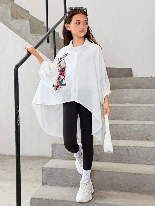SHEIN Tween Girl Figure Graphic Batwing Sleeve Asymmetrical Hem Shirt ...