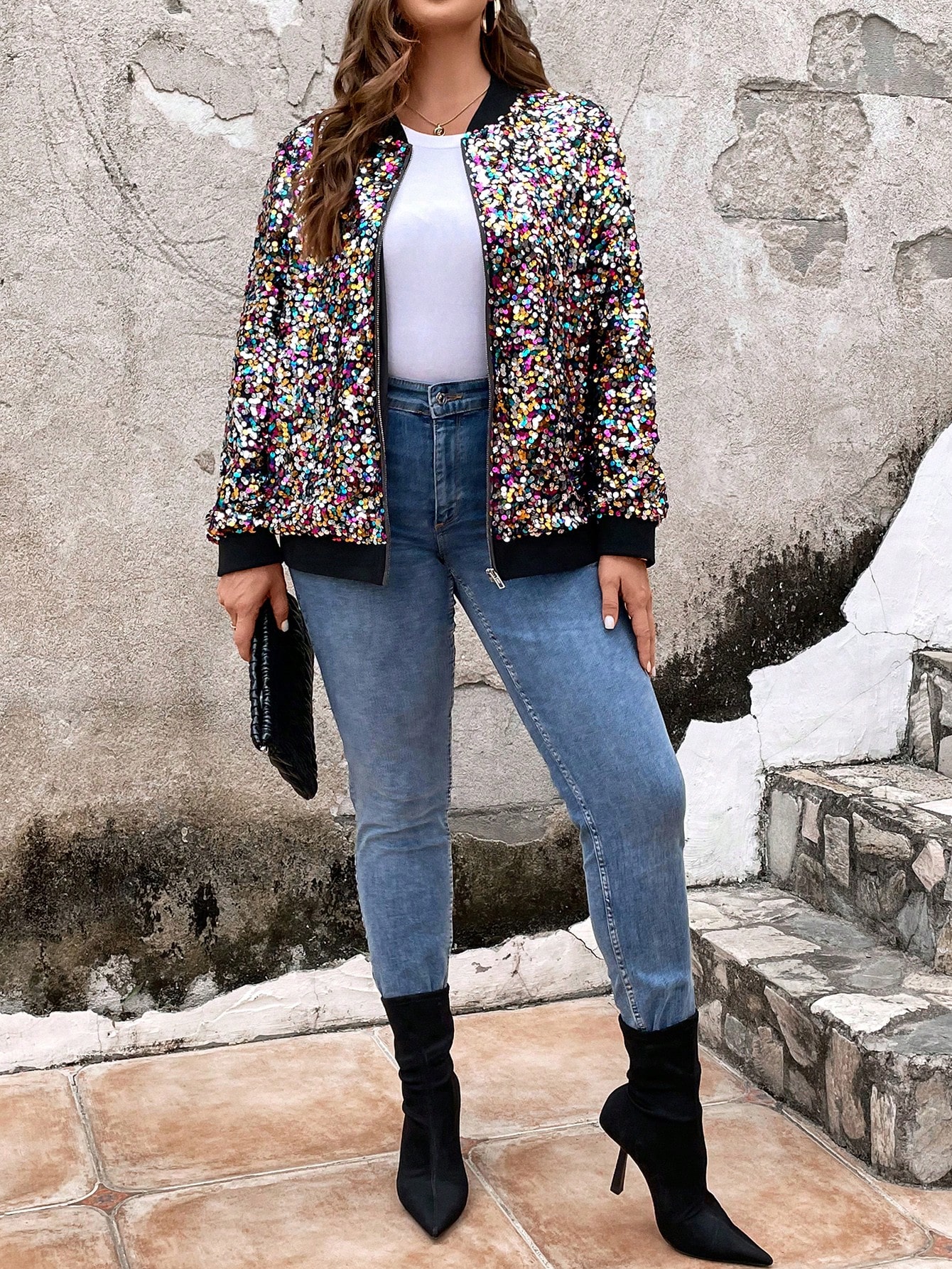 SHEIN LUNE Plus Zip Up Sequin Bomber Jacket | SHEIN USA