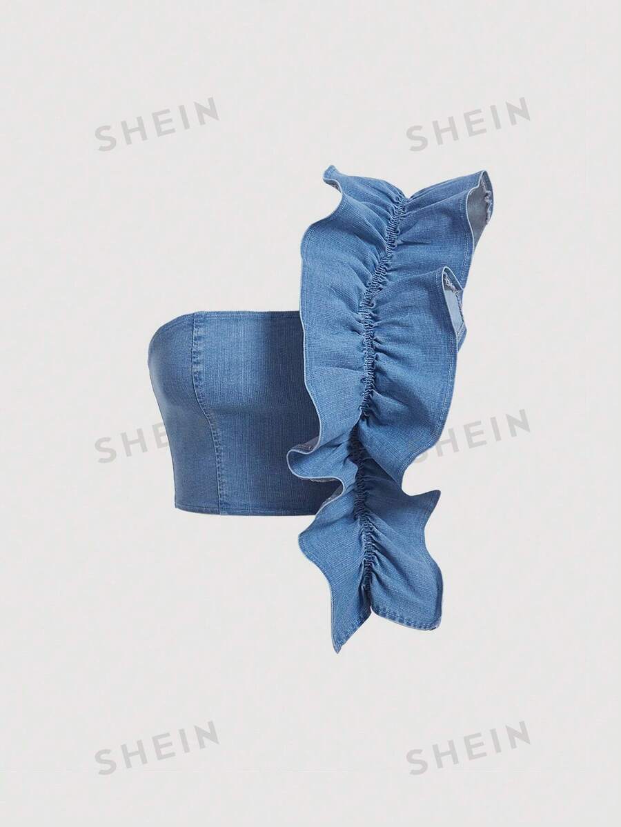 SHEIN MOD One Shoulder Ruffle Trim Denim Top | SHEIN UK