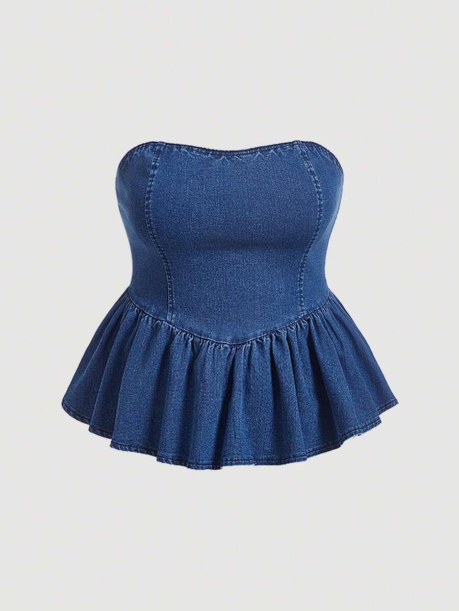 SHEIN MOD Plus Ruffle Hem Denim Tube Top | SHEIN USA