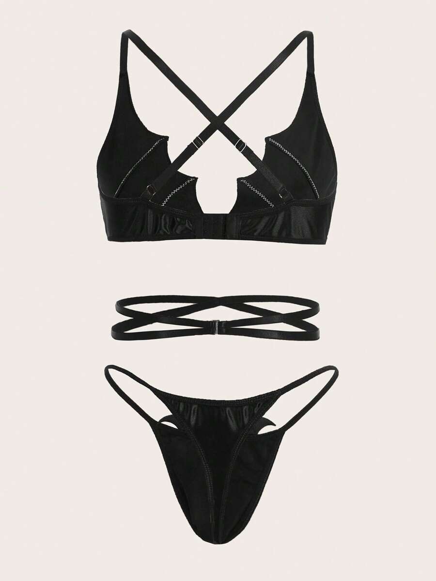 Romwe Goth Solid Criss Cross Lingerie Set Shein Uk