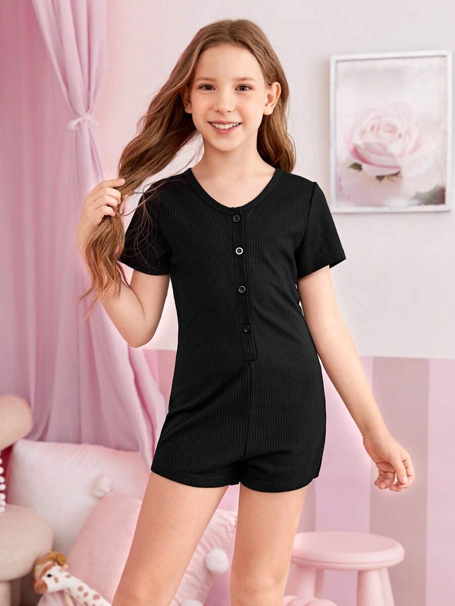 Tween Girl Ribbed Knit Button Front Romper Shein Usa