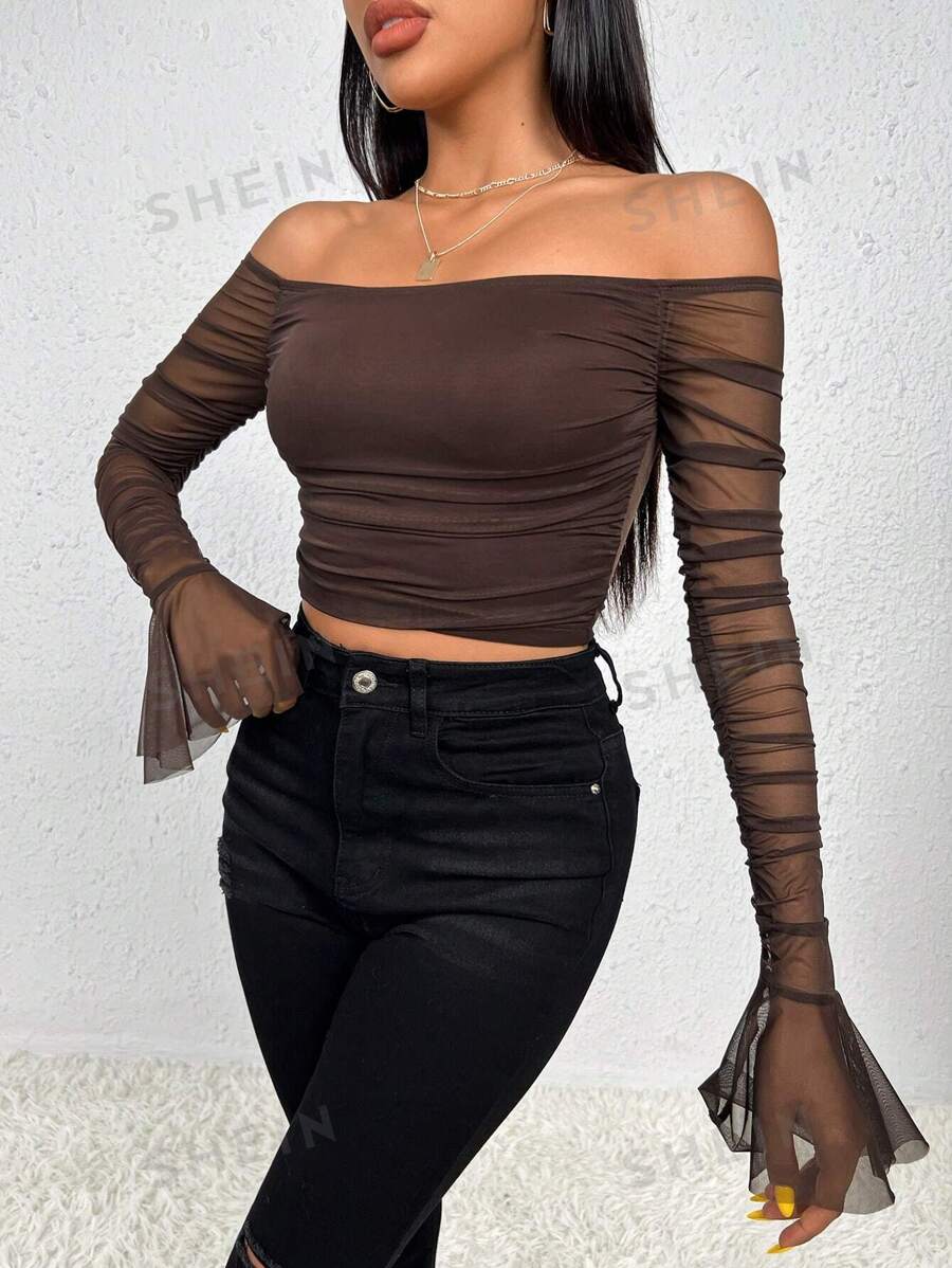 SHEIN PETITE Off Shoulder Contrast Mesh Flare Sleeve Ruched Side Crop ...