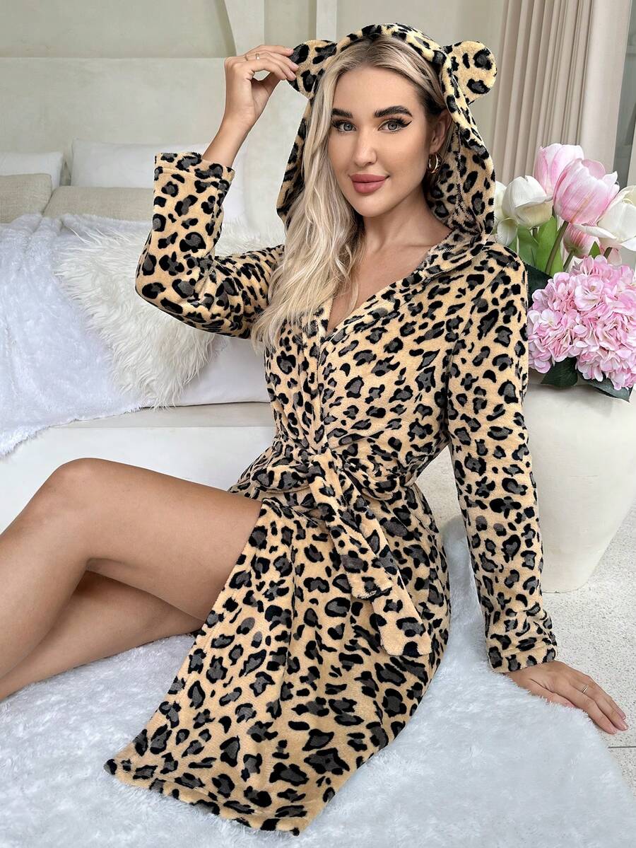 SHEIN Leopard Print 3D Ear Design Hooded Belted Flannel Robe | SHEIN USA