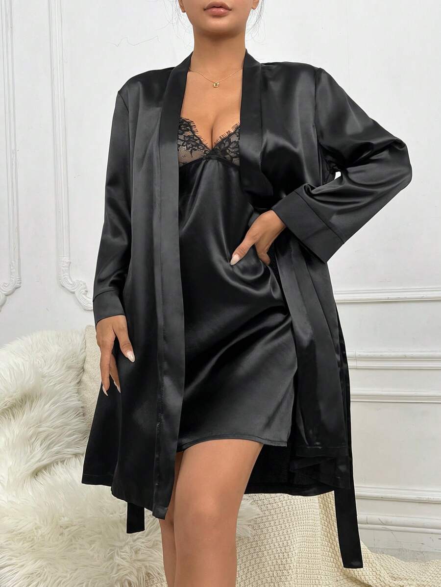 Contrast Lace Split Thigh Satin Cami Nightdress And Belted Robe Shein Usa