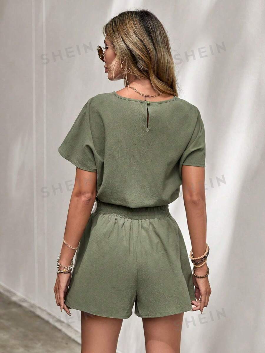 SHEIN LUNE Casual Short-Sleeved Shirt And Shirred Waist Shorts Set ...