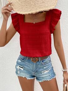 SHEIN VCAY Solid Ruffle Trim Bubble Texture Blouse Summer Women Beach ...