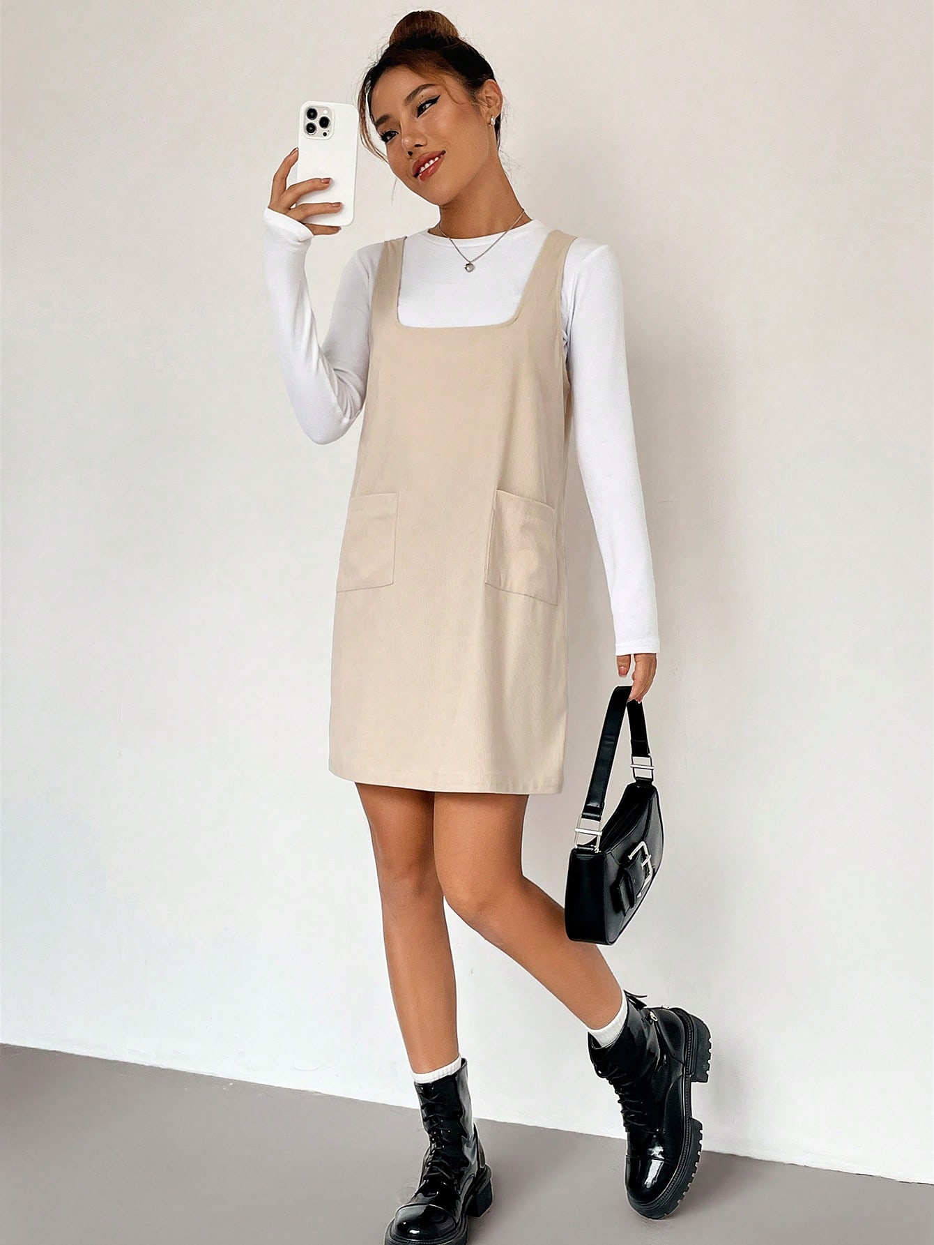 Solid Dual Pocket Overall Dress Without Tee | SHEIN USA