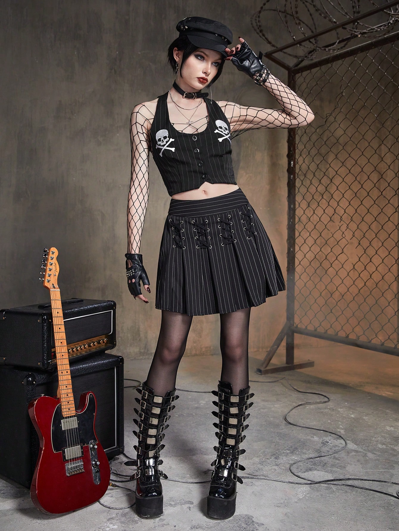 ROMWE Grunge Punk Listrado Cadarço Saia Plissada | SHEIN Brasil