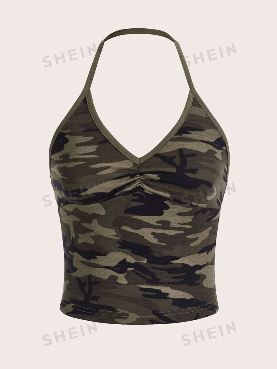 SHEIN EZwear Spring Camo Print Ruched Halter Top | SHEIN UK