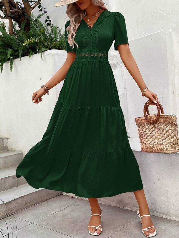 Shein Vcay Guipure Lace Insert Ruffle Hem Dress Shein Usa