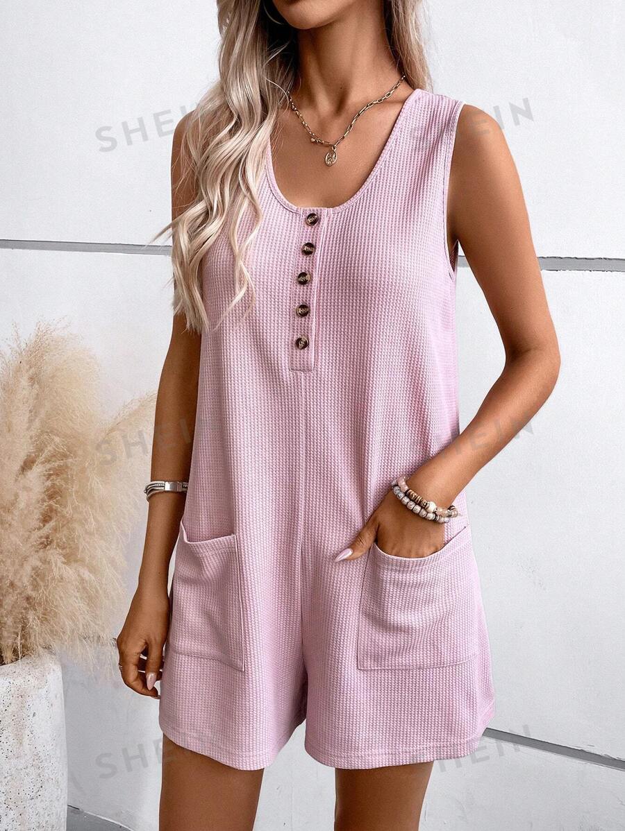 SHEIN LUNE Half Button Dual Pocket Tank Romper | SHEIN USA