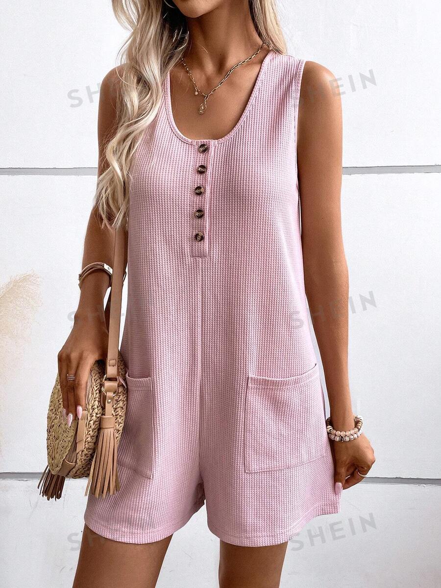 SHEIN LUNE Half Button Dual Pocket Tank Romper | SHEIN USA