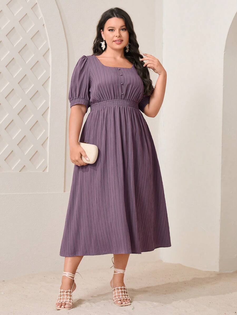 Mulvari Plus Puff Sleeve Button Front Dress | SHEIN USA