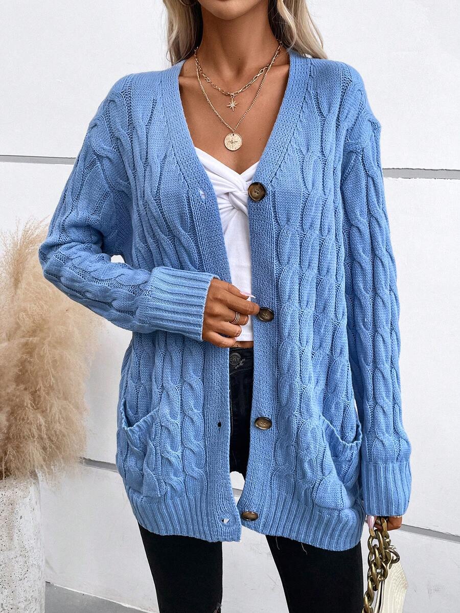 SHEIN LUNE Cable Knit Drop Shoulder Pocket Patched Cardigan | SHEIN