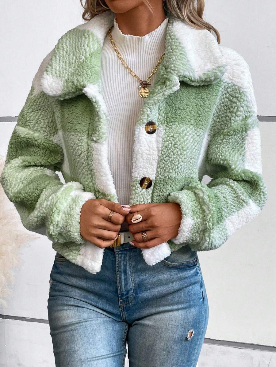 SHEIN LUNE Plaid Pattern Drop Shoulder Teddy Jacket | SHEIN USA