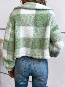 SHEIN LUNE Plaid Pattern Drop Shoulder Teddy Jacket | SHEIN USA