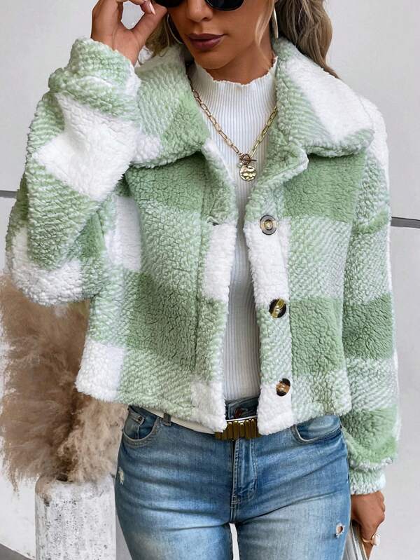 SHEIN LUNE Plaid Pattern Drop Shoulder Teddy Jacket | SHEIN USA