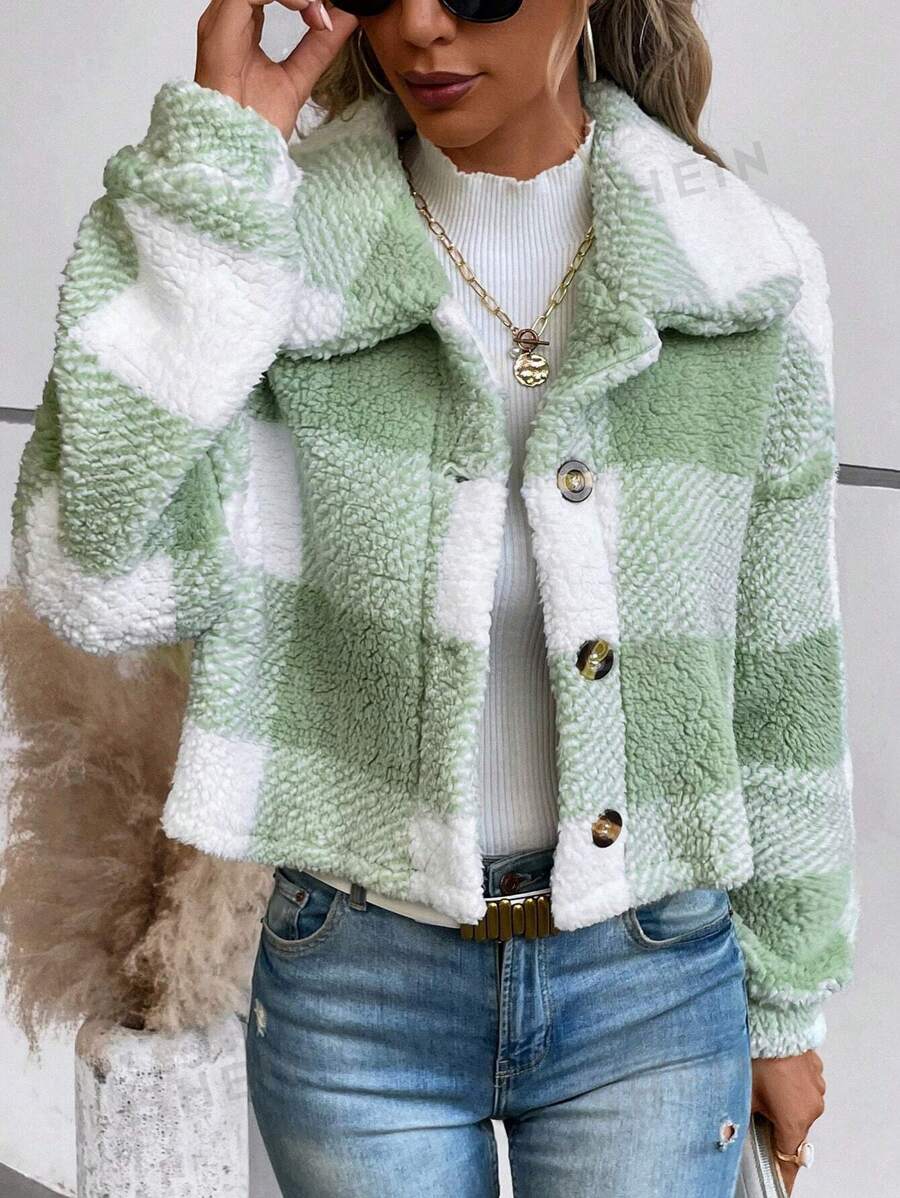 SHEIN LUNE Plaid Pattern Drop Shoulder Teddy Jacket | SHEIN UK