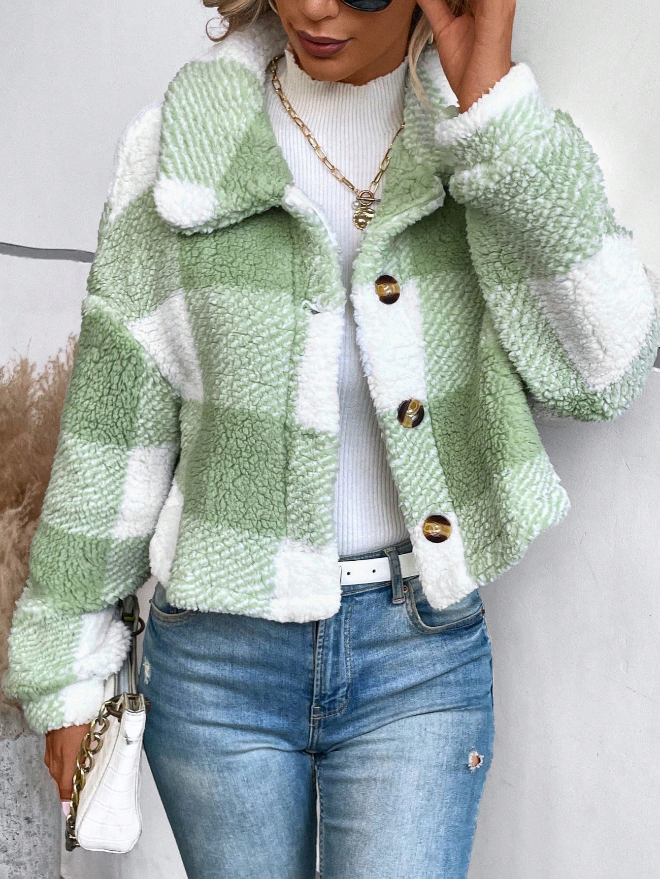 SHEIN LUNE Plaid Pattern Drop Shoulder Teddy Jacket | SHEIN USA