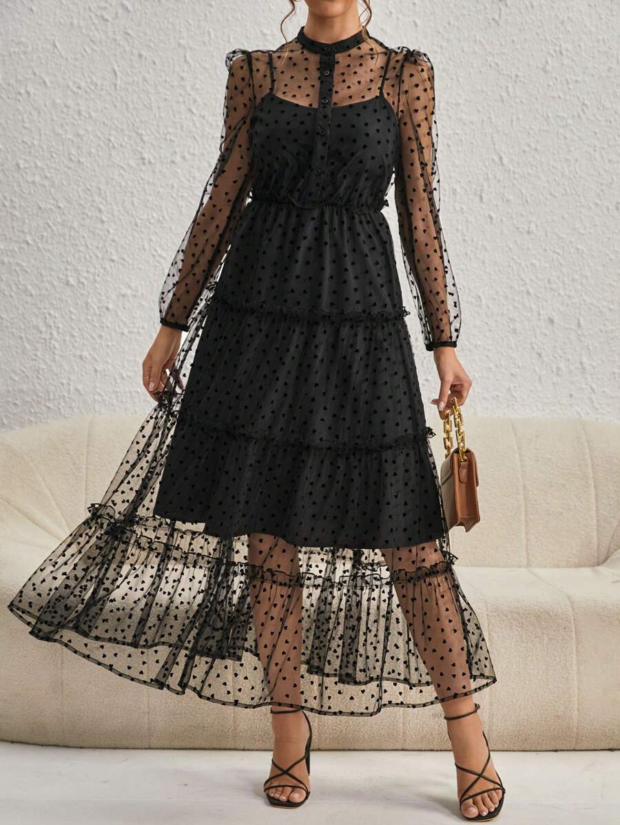 SHEIN Privé Allover Heart Mesh Overlay Ruffle Hem Dress | SHEIN USA