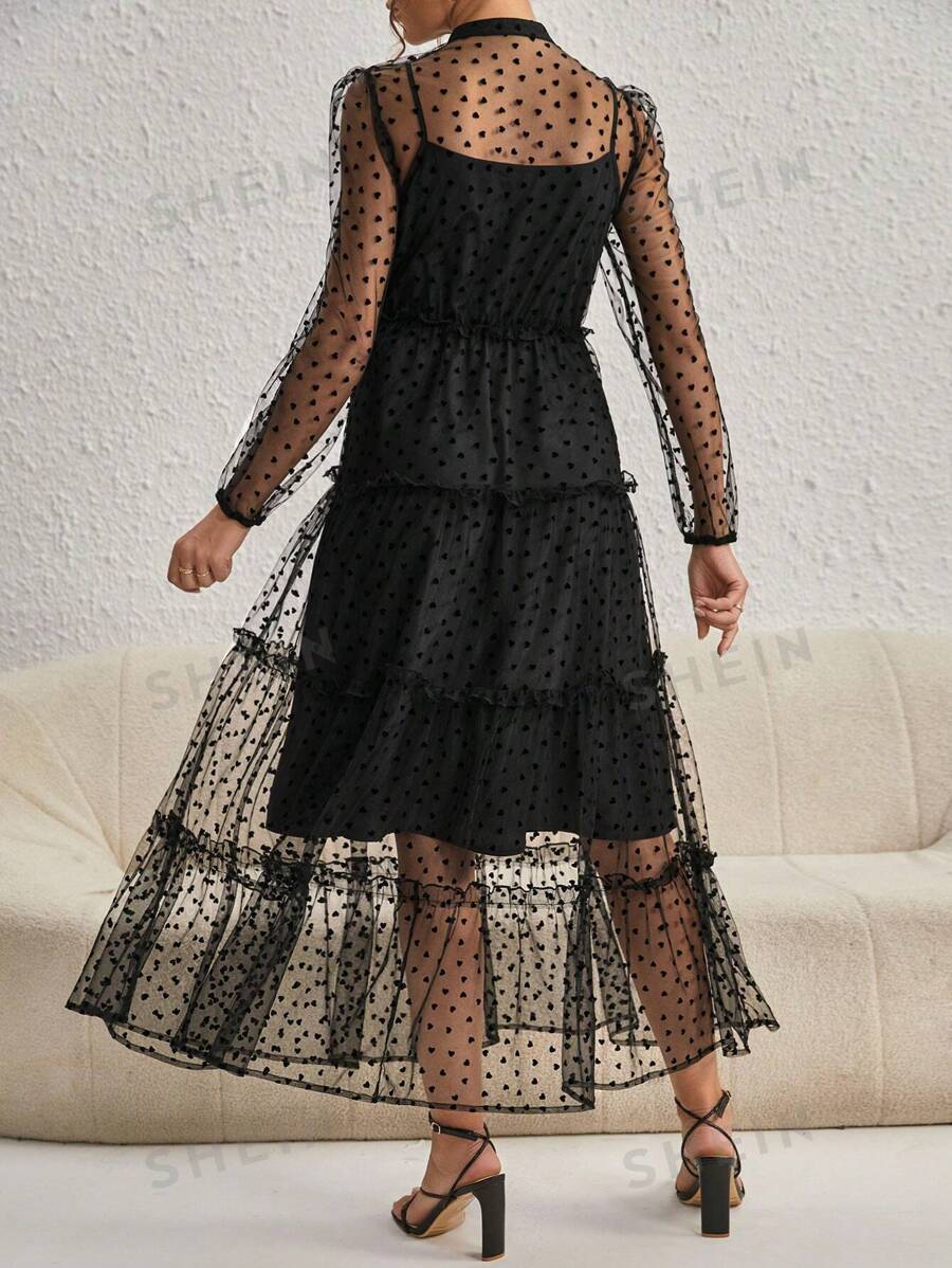 SHEIN Privé Allover Heart Mesh Overlay Ruffle Hem Dress | SHEIN USA