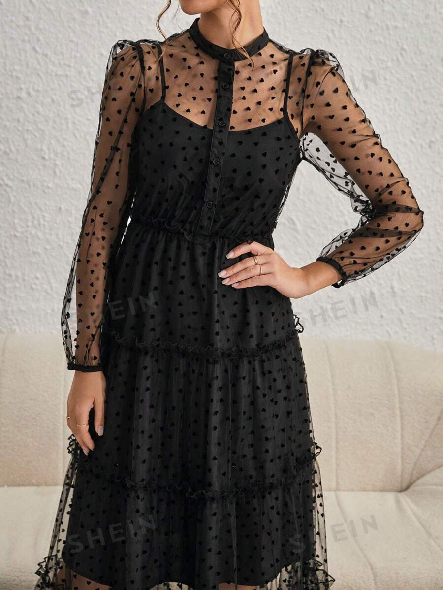 SHEIN Privé Allover Heart Mesh Overlay Ruffle Hem Dress | SHEIN USA
