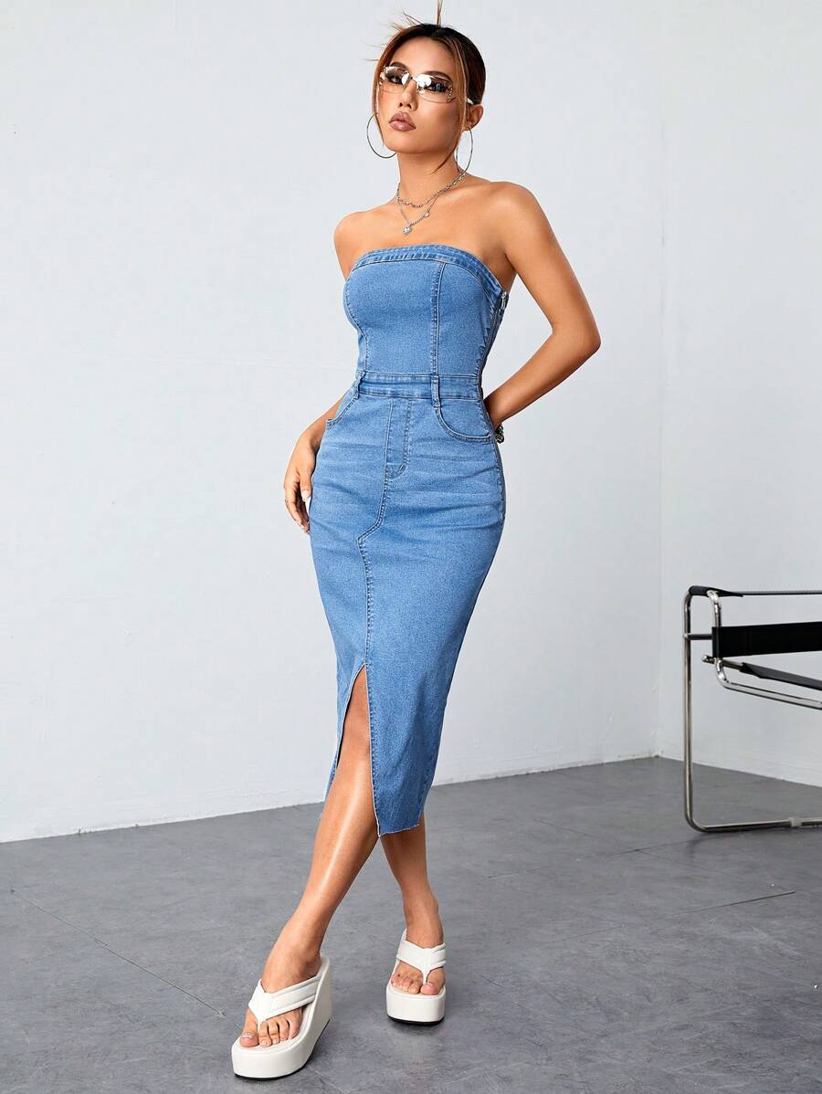 SHEIN ICON Split Thigh Tube Denim Dress | SHEIN USA