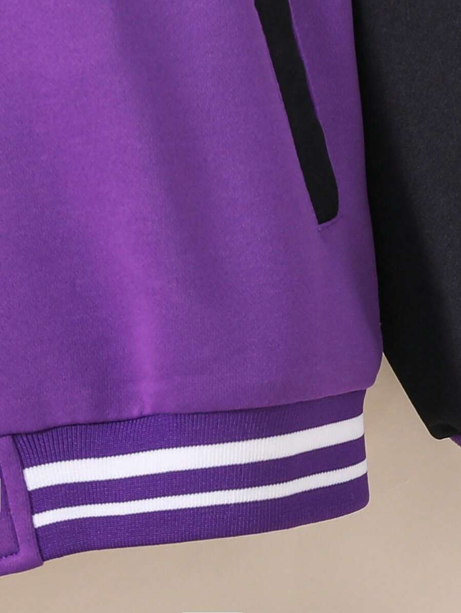 Shein Tween Girl Letter Patched Striped Trim Colorblock Varsity Jacket