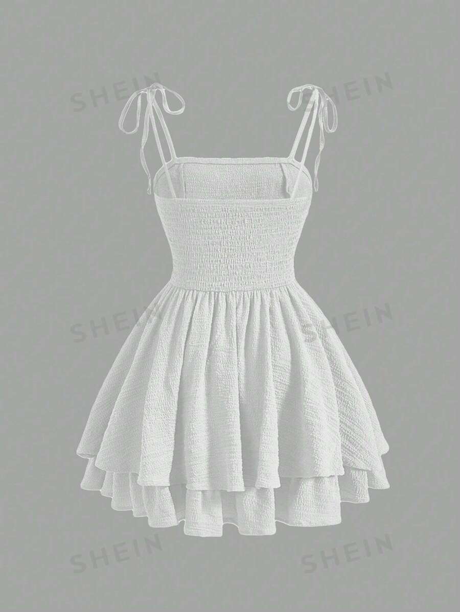 Shein Mod Solid Ruched Bust Tie Shoulder Double Hem White Cami Dress Shein Euqs