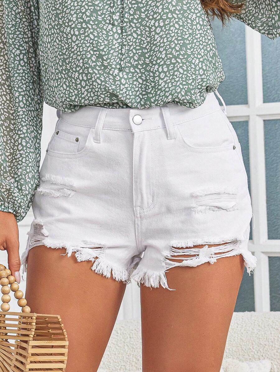Ripped Raw Hem Denim Shorts | SHEIN USA