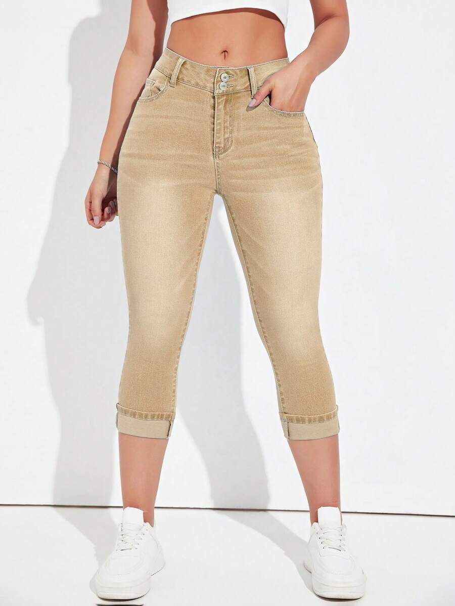 Roll Up Hem Skinny Capri Jeans | SHEIN USA