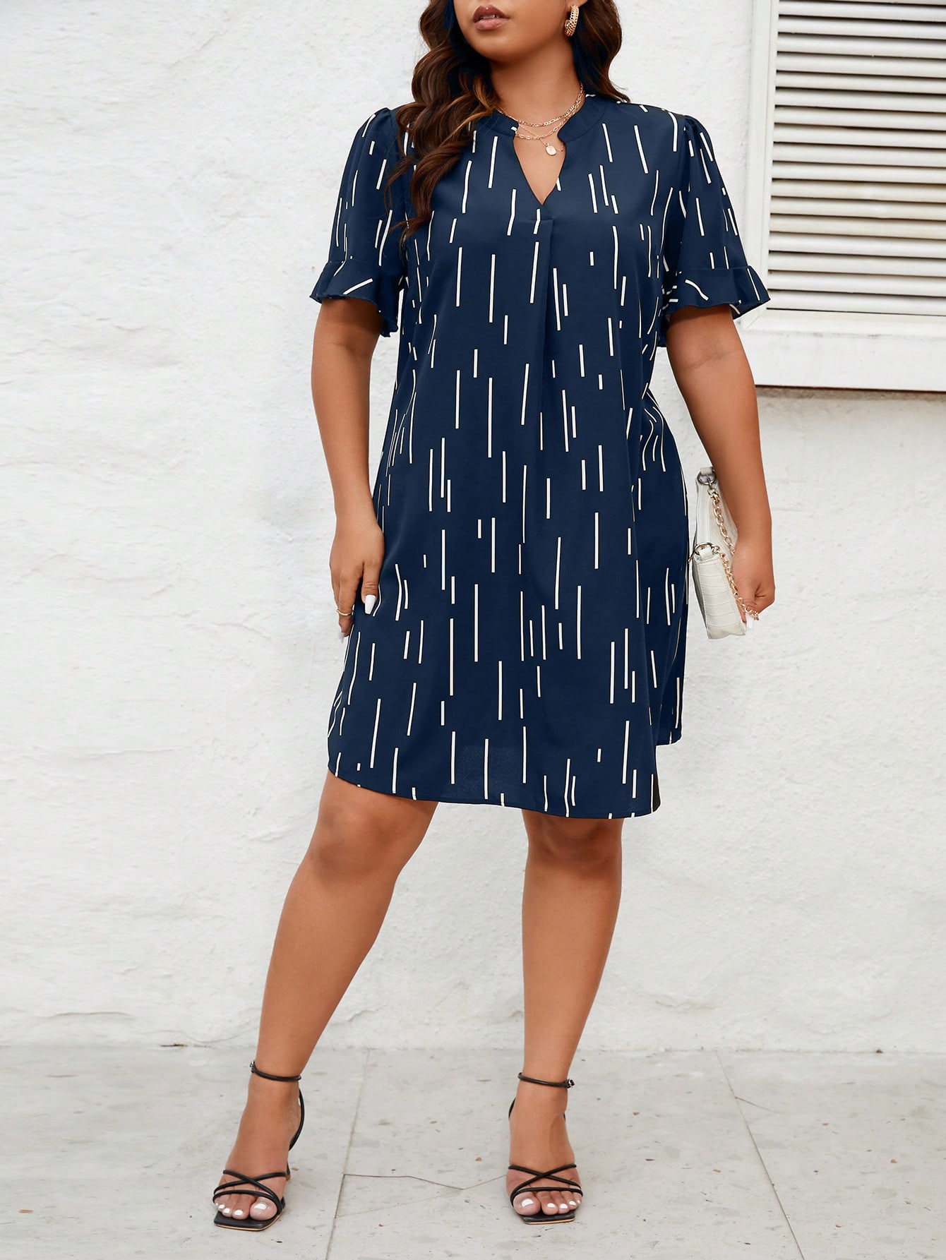 SHEIN Clasi Plus Geo Print Flounce Sleeve Notched Neckline Dress ...