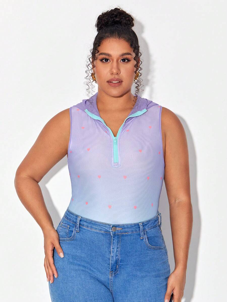 ItSPlus DUH Designer Plus Heart Print Ombre Hooded Mesh Bodysuit, For ...