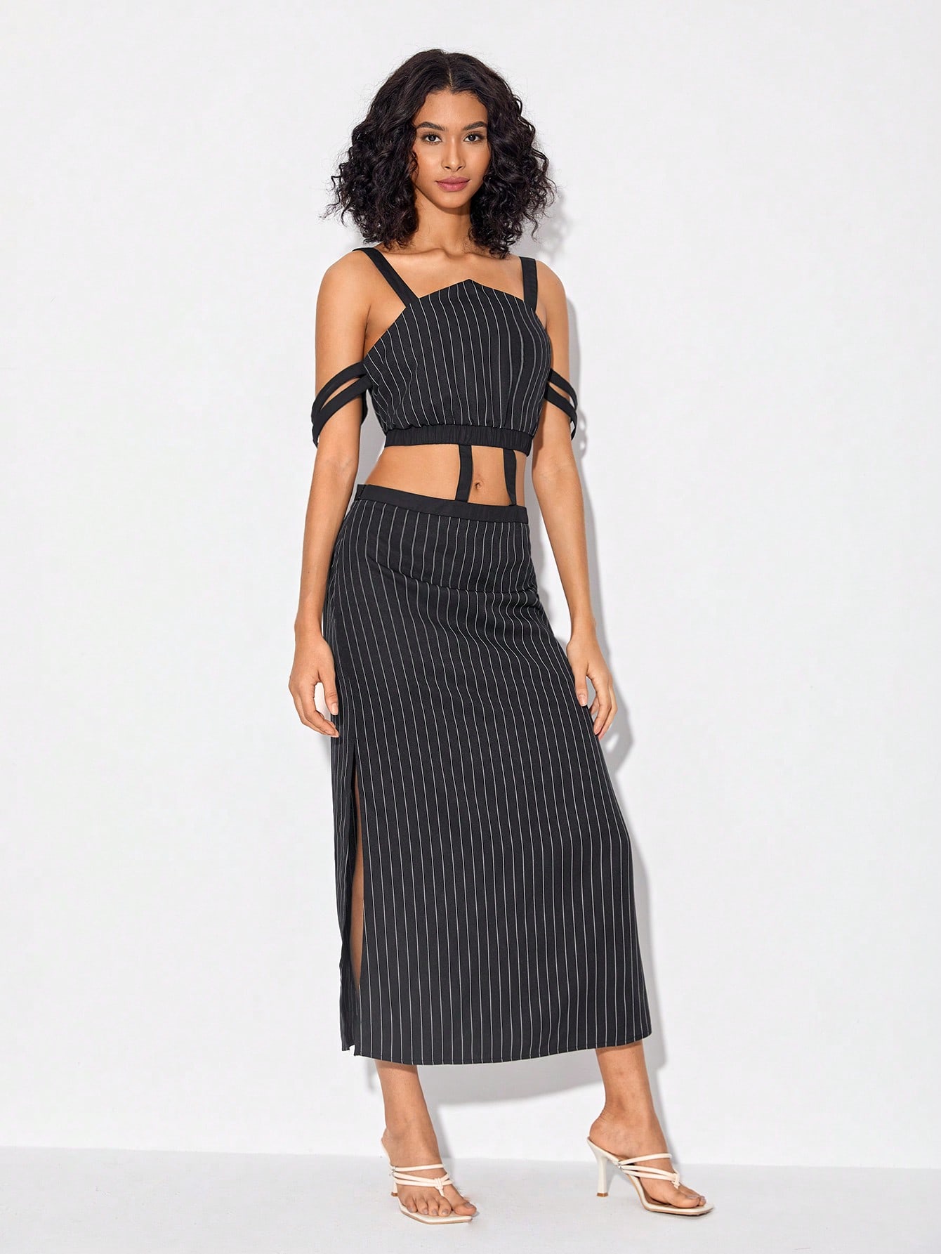 PATHEMA Striped Print Cold Shoulder Split Thigh Dress | SHEIN USA
