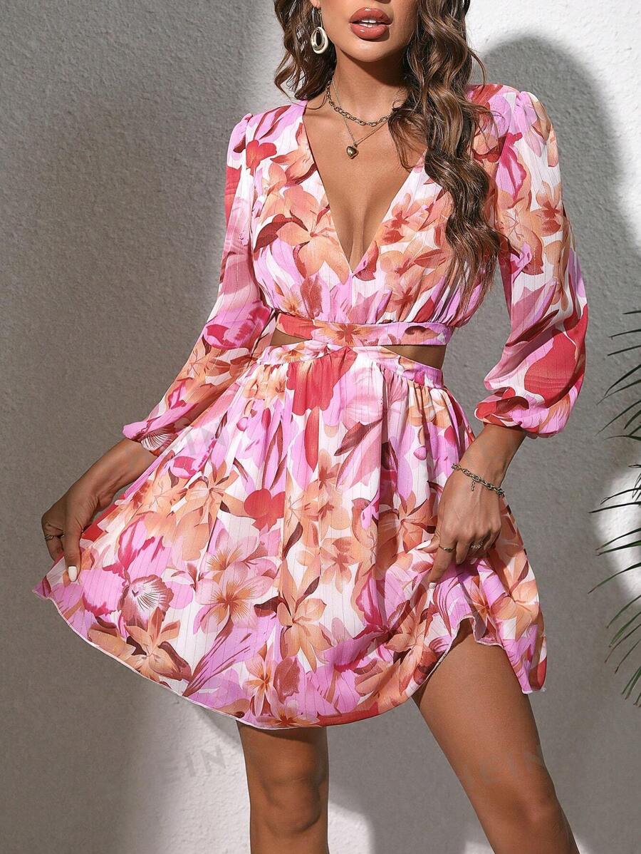 SHEIN LUNE Vestido con estampado floral de cuello profundo de cintura ...