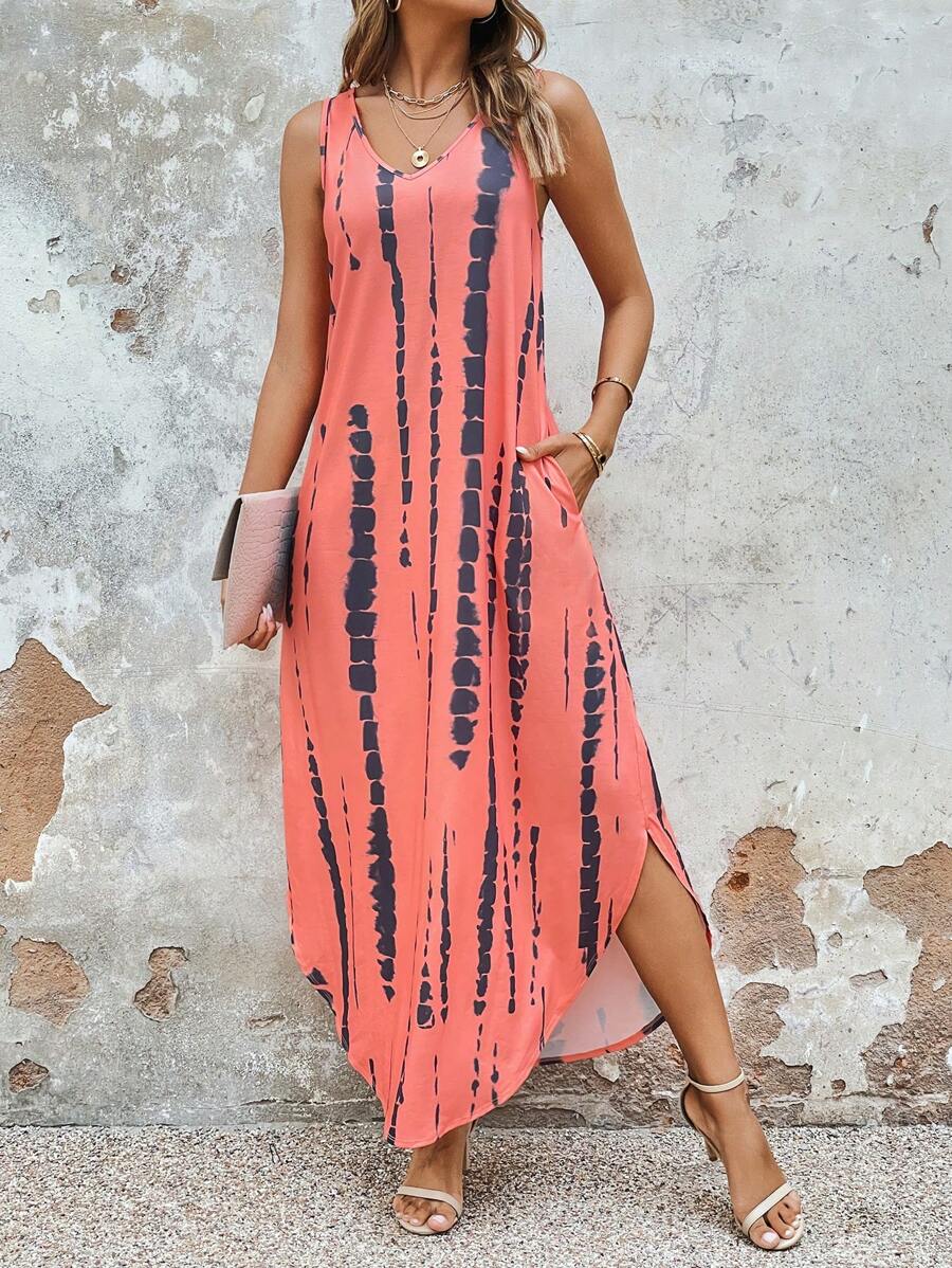 SHEIN LUNE Tie Dye Hidden Pocket Split Hem Tank LONG Dress | SHEIN USA