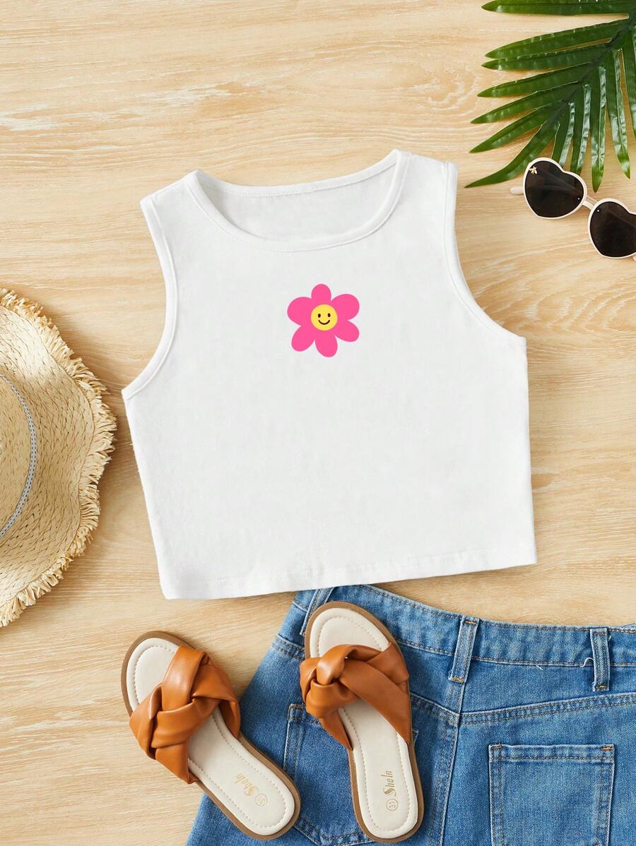 Teen Girl Round Neck Floral Print Short Tank Top For Spring/Summer ...