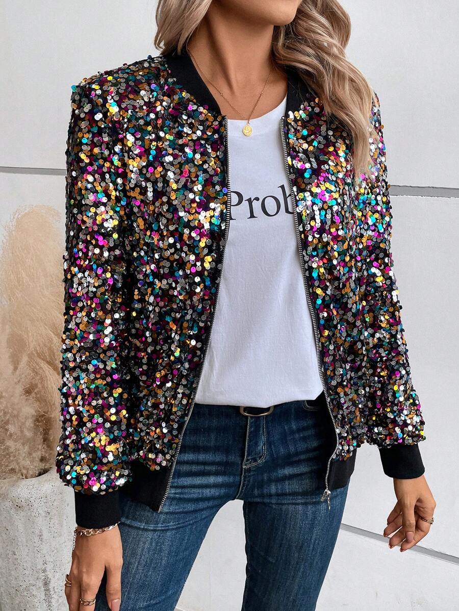 SHEIN LUNE Asymmetrical Pattern Sequin Accent Party Music Festival Classic Zip-Up Flight Jacket ...